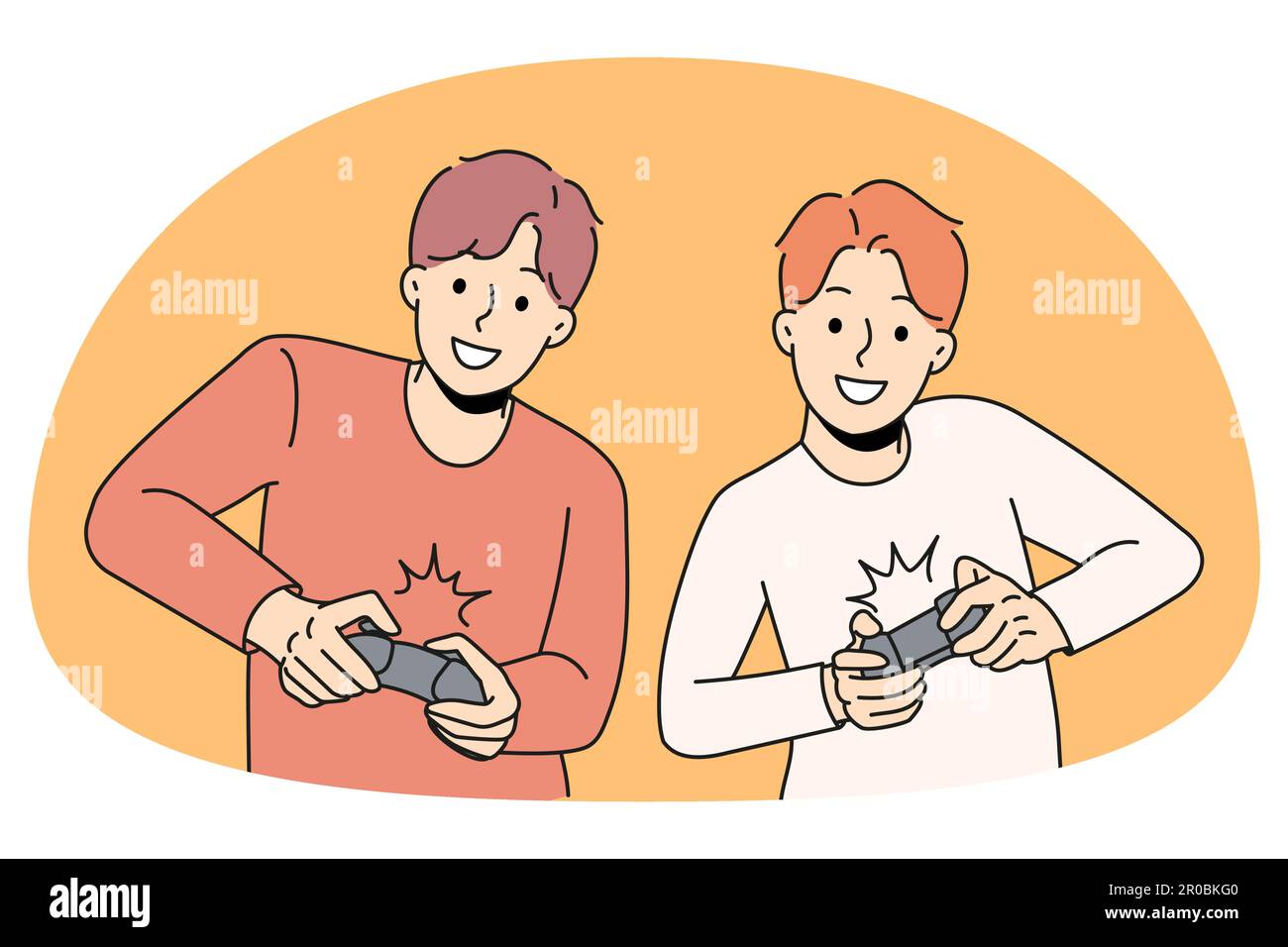 Happy guys playing video games holding joysticks. Smiling men gamers ...