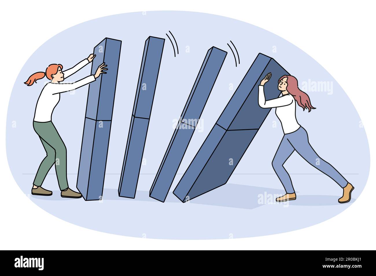 Businesswoman hold domino prevent from falling down. Concept of domino ...