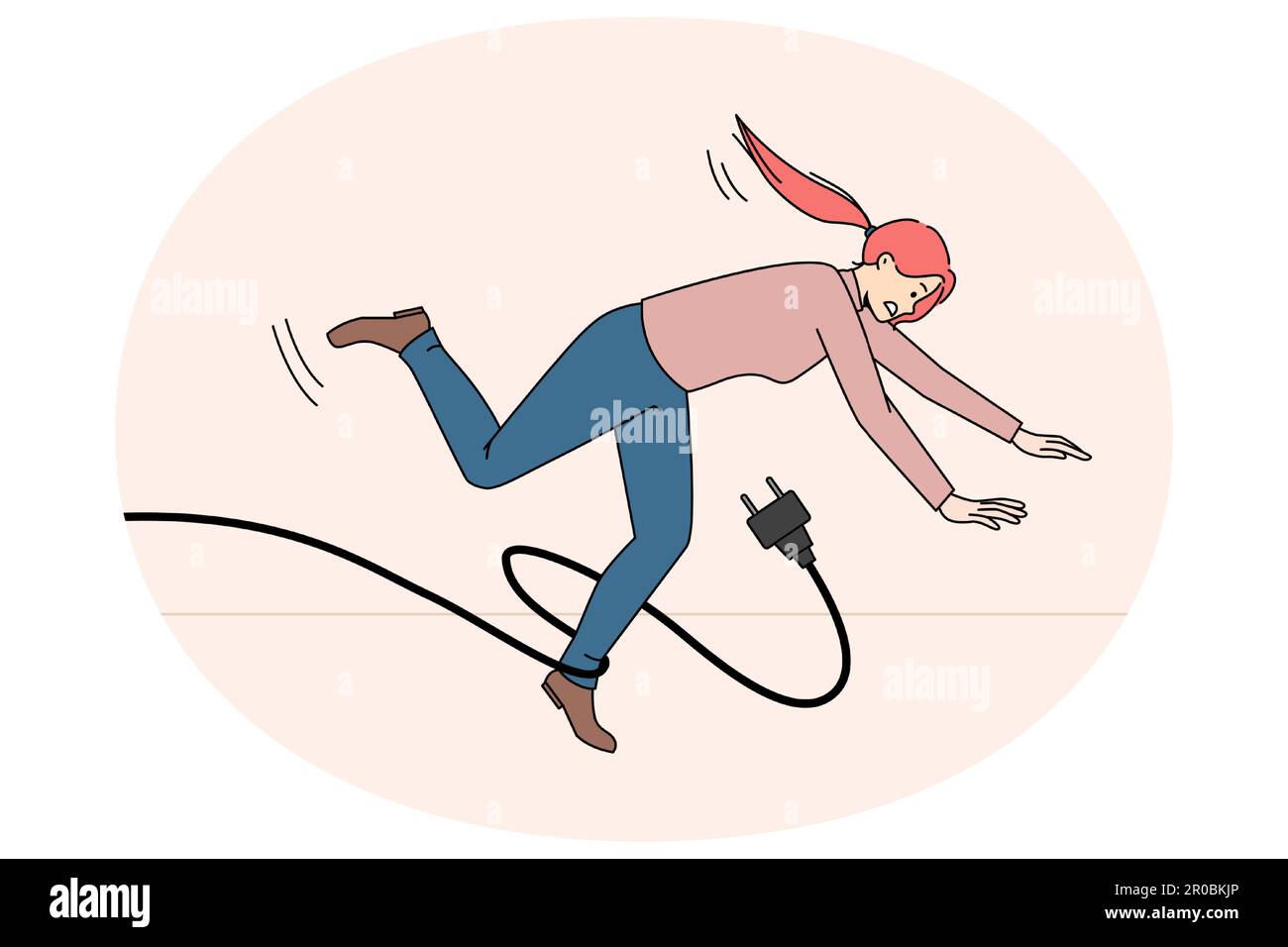 Clumsy woman stumble with power cable falling on floor. Graceless ...