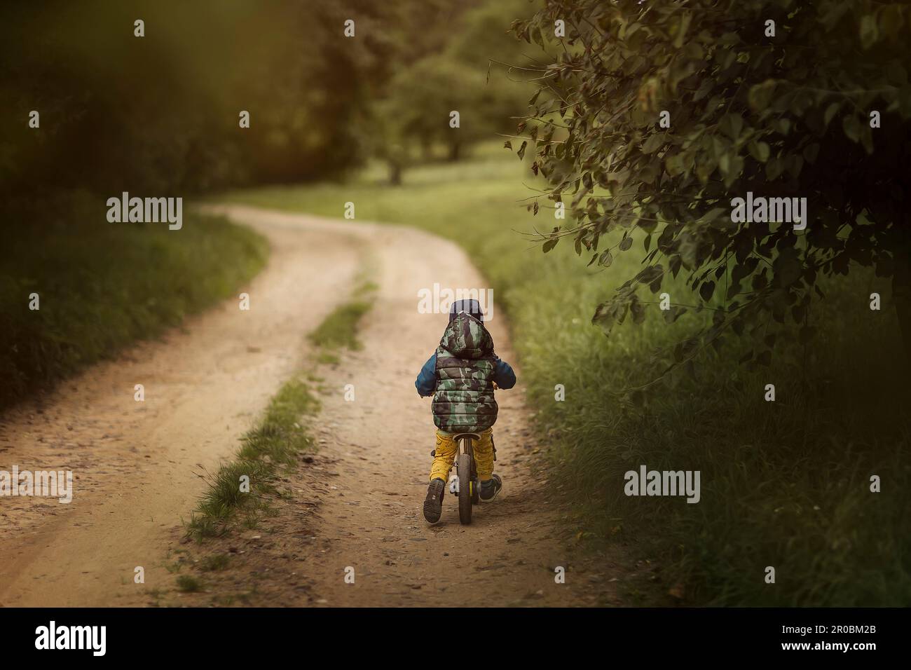 Small boy riding push bike on countryroad Stock Photo - Alamy