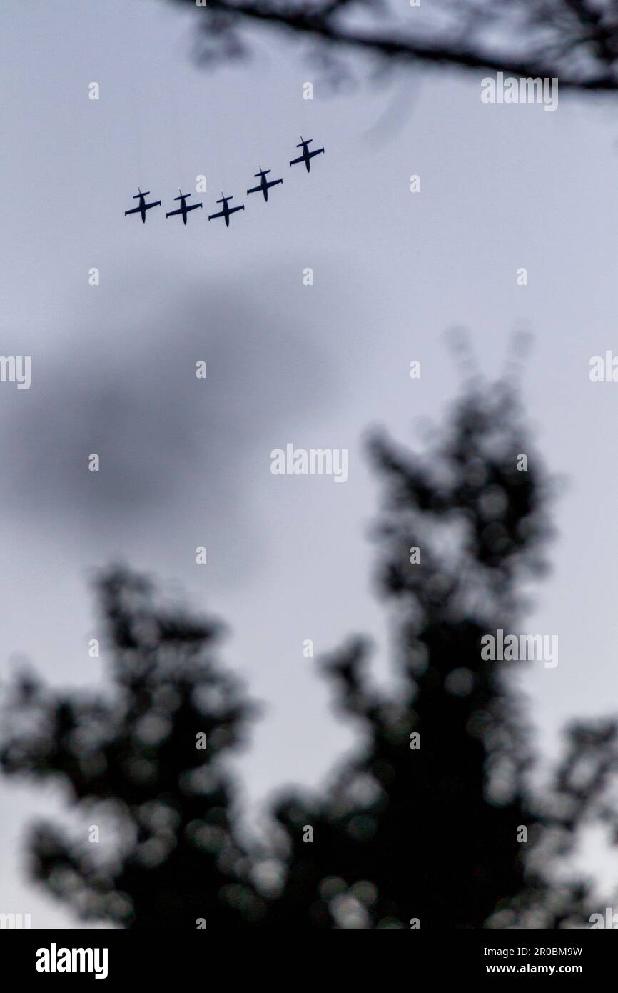 Breitling jet team formation at Aerolac with smoke trail Stock Photo ...