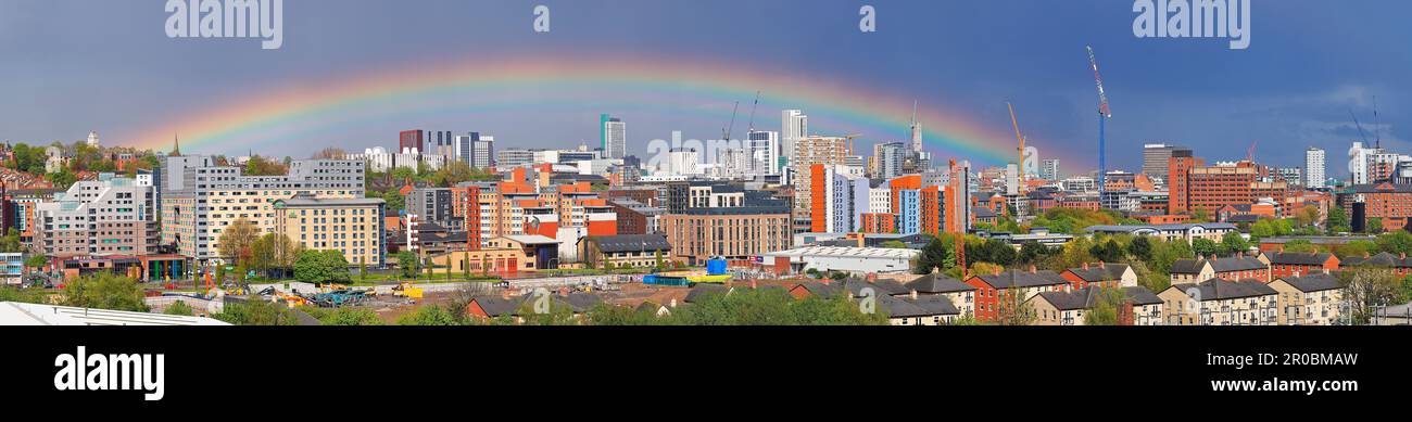 A panorama of a vibrant low rainbow over Leeds City Centre after a ...