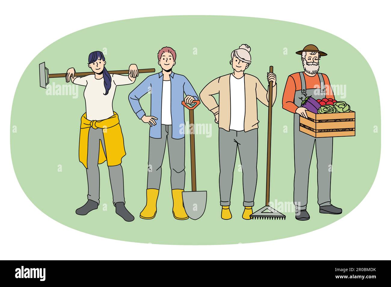 Happy diverse farmers with tools involved in organic farming and rustic ...