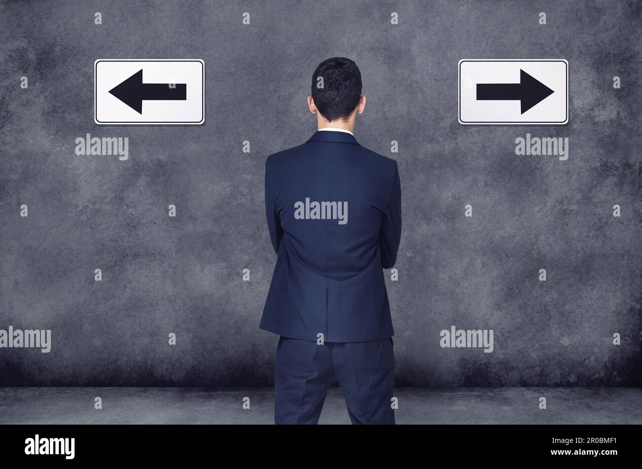 Back, arrow and direction with a business man planning or brainstorming ...