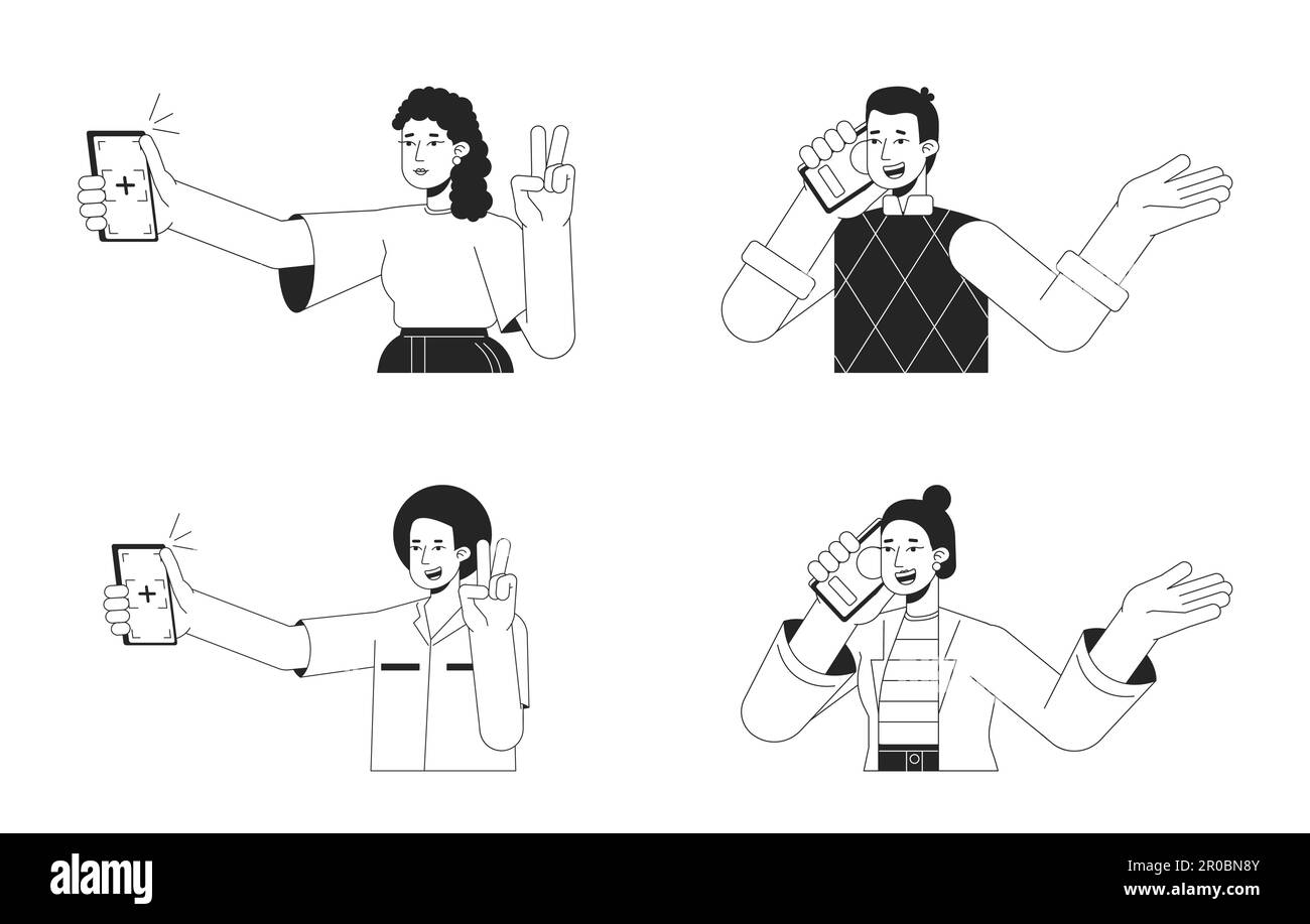 Using smart phone bw vector spot illustration set Stock Vector Image ...