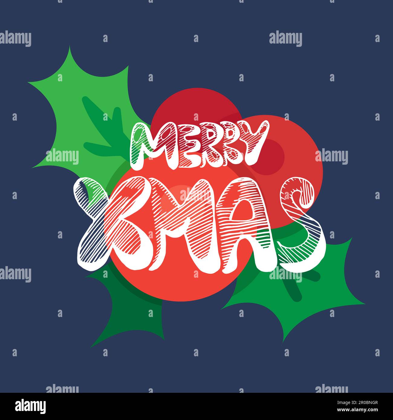 Merry Christmas Hand Drawn Lettering With Holly Berry Illustration