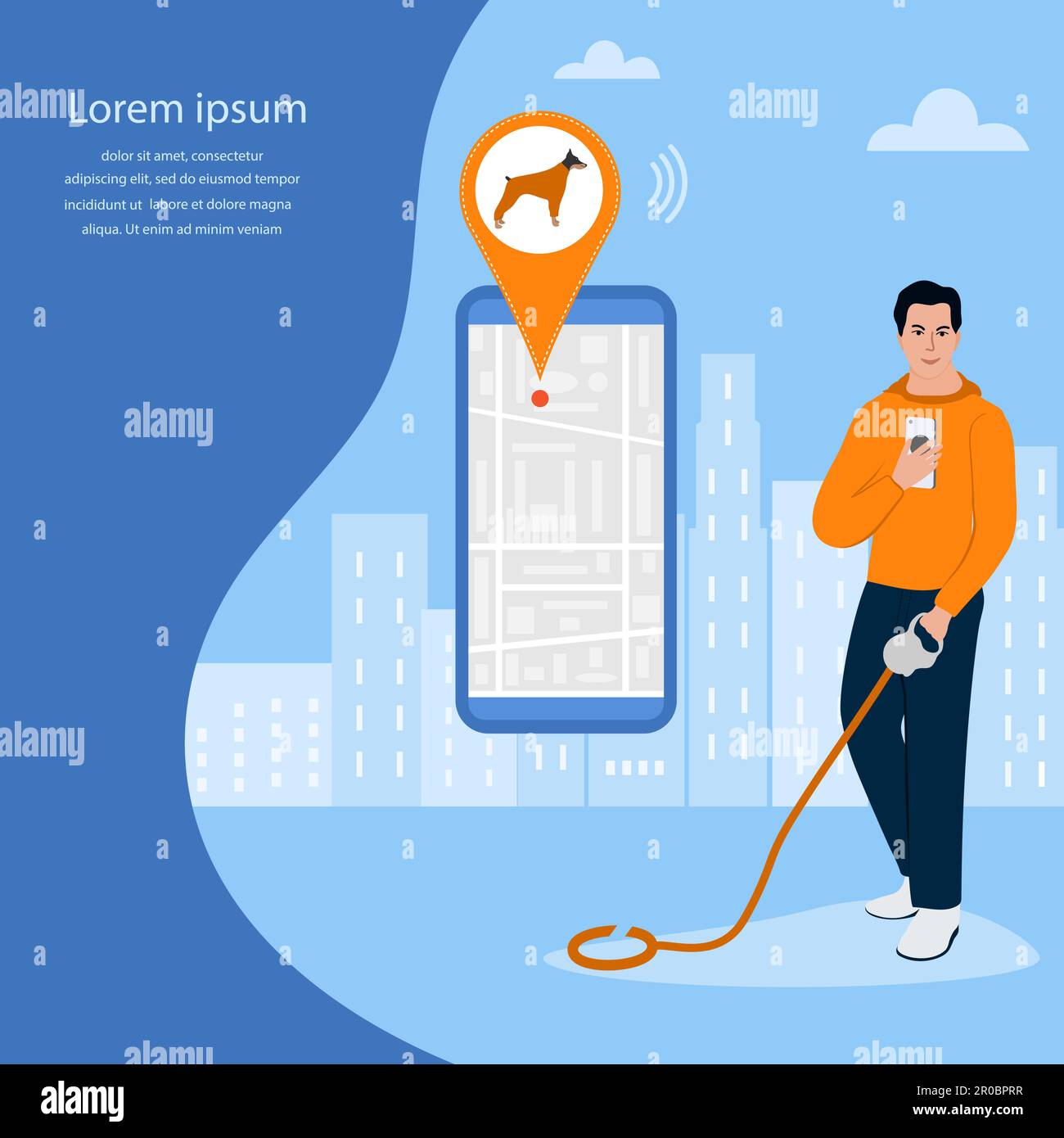 Vector illustration Man uses application on cell phone for search the ...