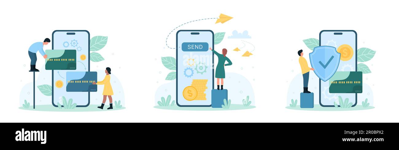 Money transfer set vector illustration. Cartoon tiny people holding ...