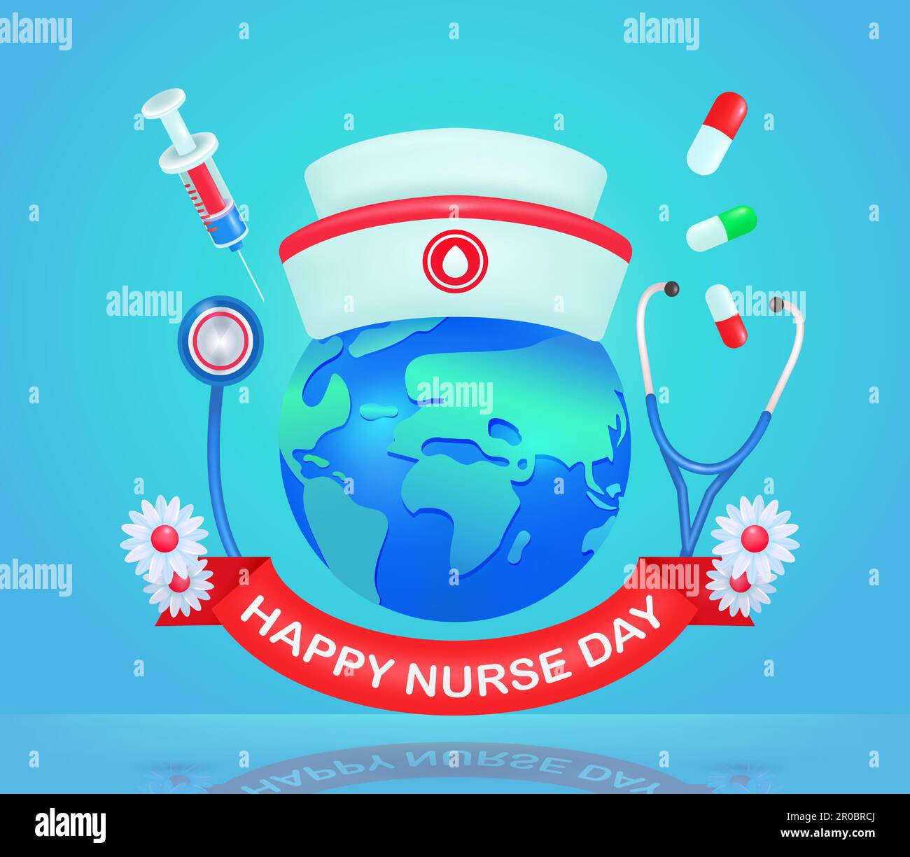 international nurses day. stethoscope, earth, injection and nurse cap ...
