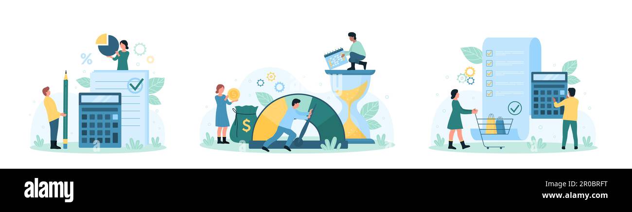 Financial accounting and budget set vector illustration. Cartoon tiny ...