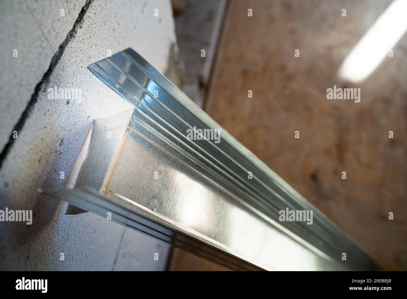 Close-up of a metal profile prepared for a frame wall. Cropped and ...