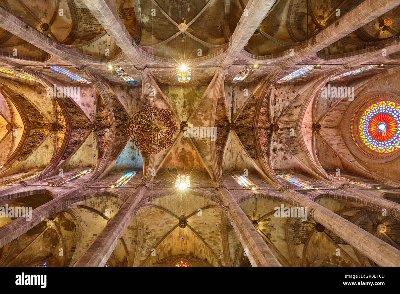 Palma de Mallorca cathedral rooftop, rose window. Spanish heritage ...