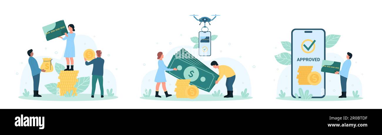 Payment with credit card set vector illustration. Cartoon tiny people ...
