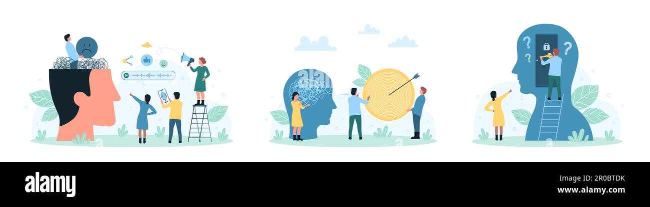 Mental health set vector illustration. Cartoon tiny people hold key to ...