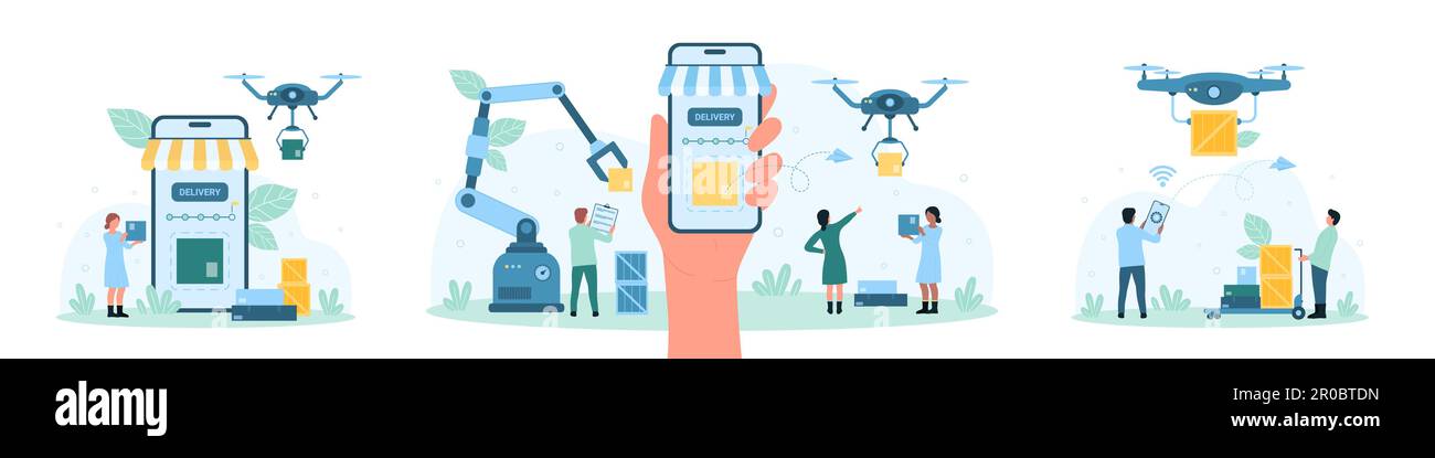 Drone delivery set vector illustration. Cartoon hand holding phone with ...