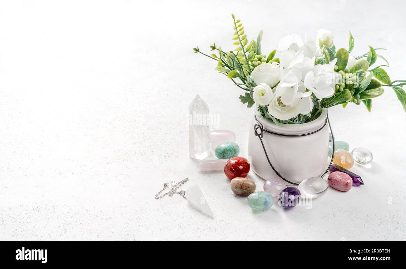 Gemstones for esoteric spiritual practice. Reiki therapy concept. Feng ...