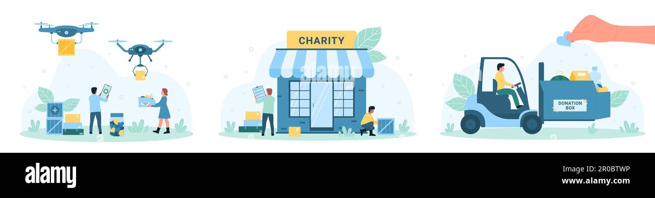 Charity delivery service set vector illustration. Cartoon tiny people ...