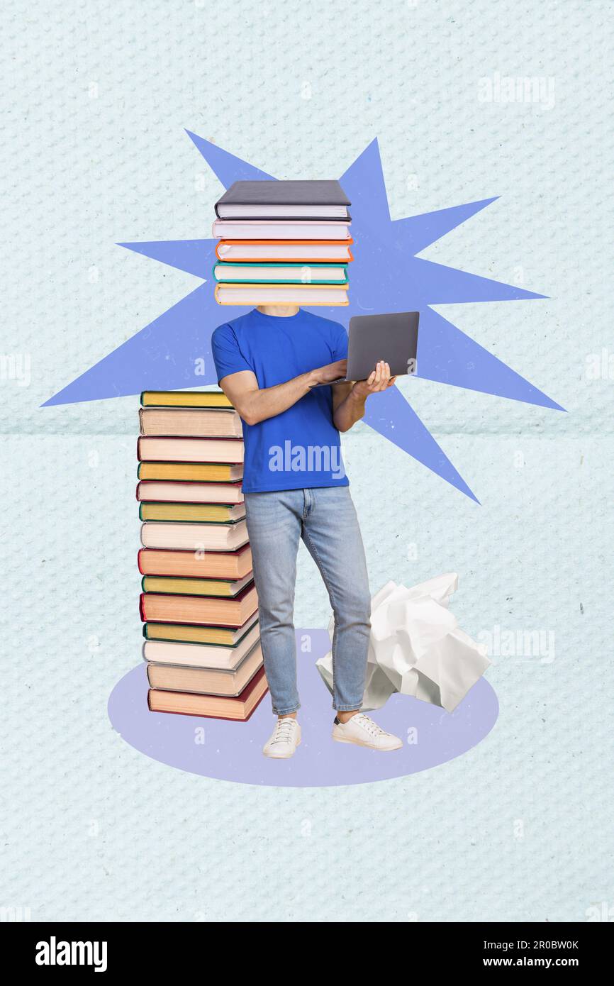 Vertical creative 3d collage absurd metaphor of man using computer ...