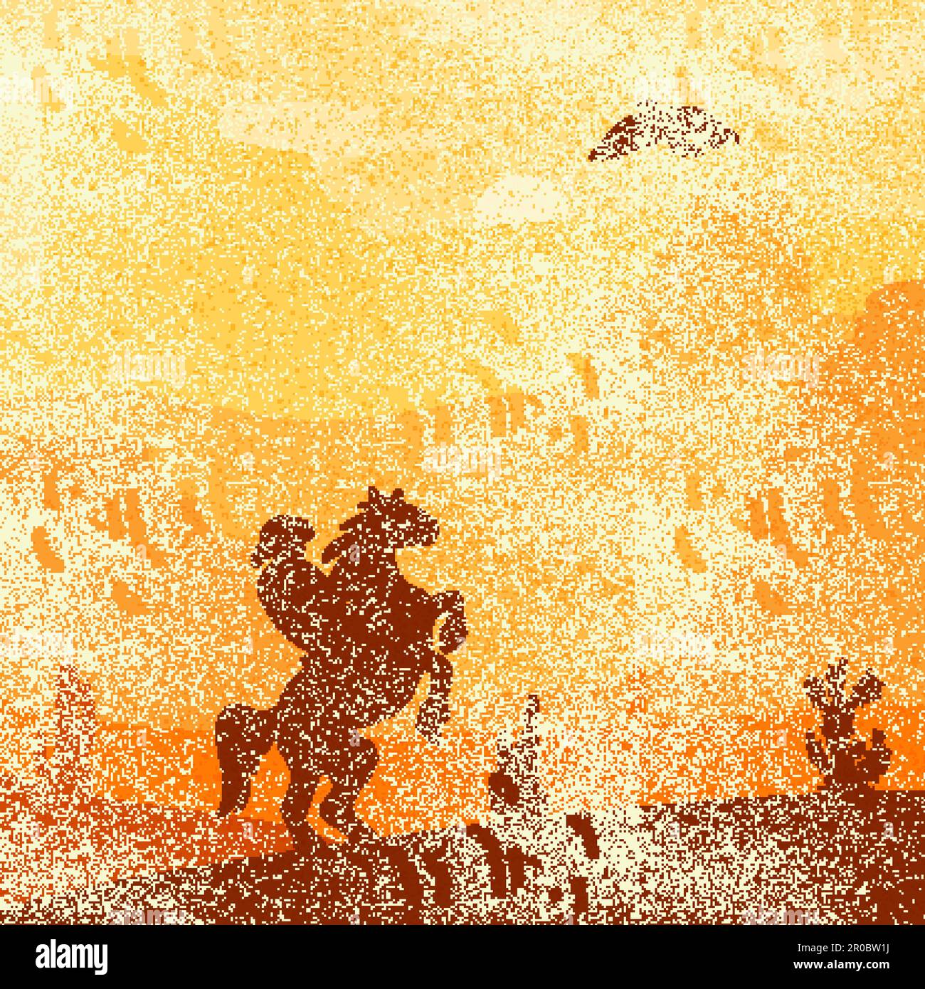 Retro Wild West Hero on galloping horse in desert. Vintage sunset in ...