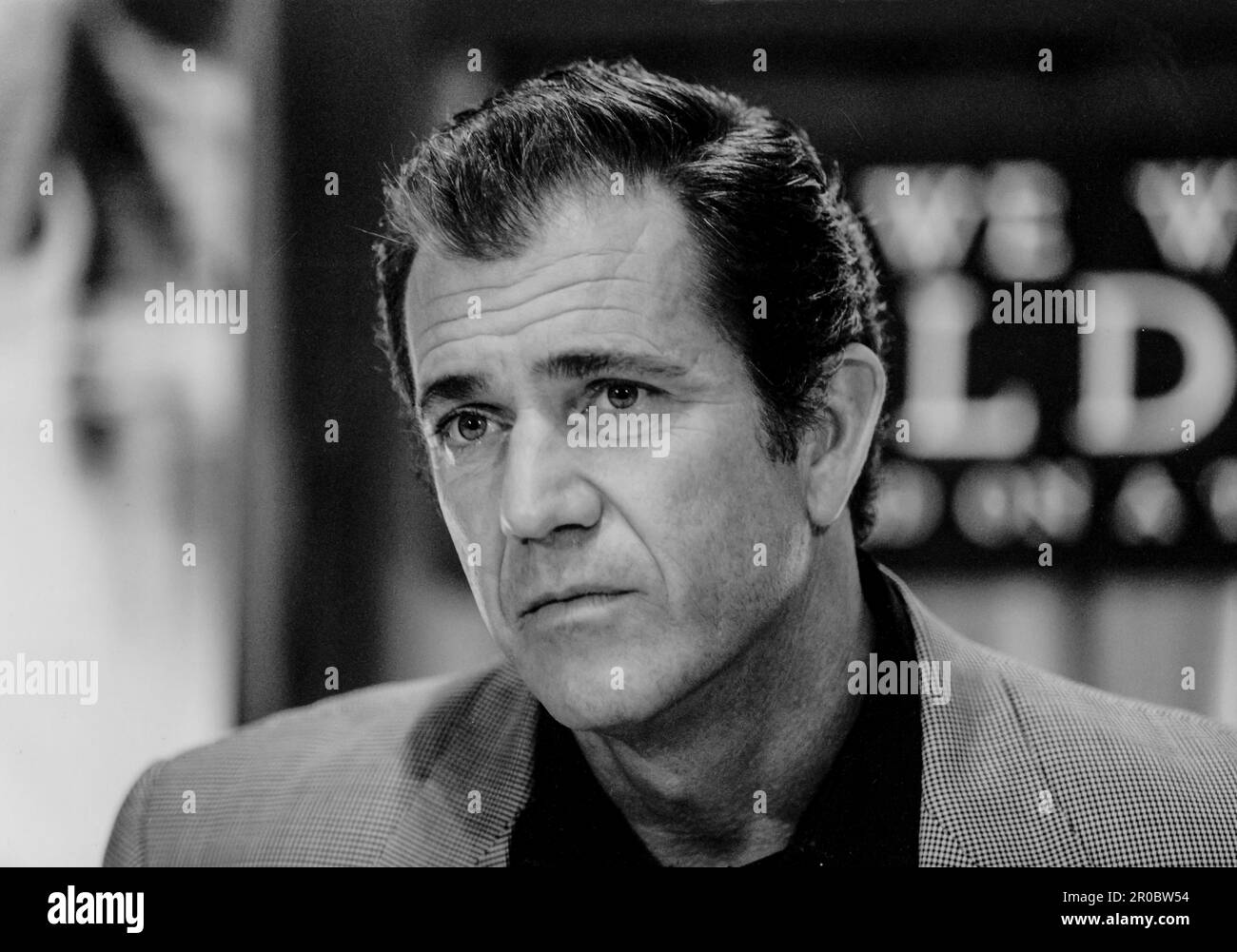 black and white portraits of Australian actor Mel Gibson at a Press ...