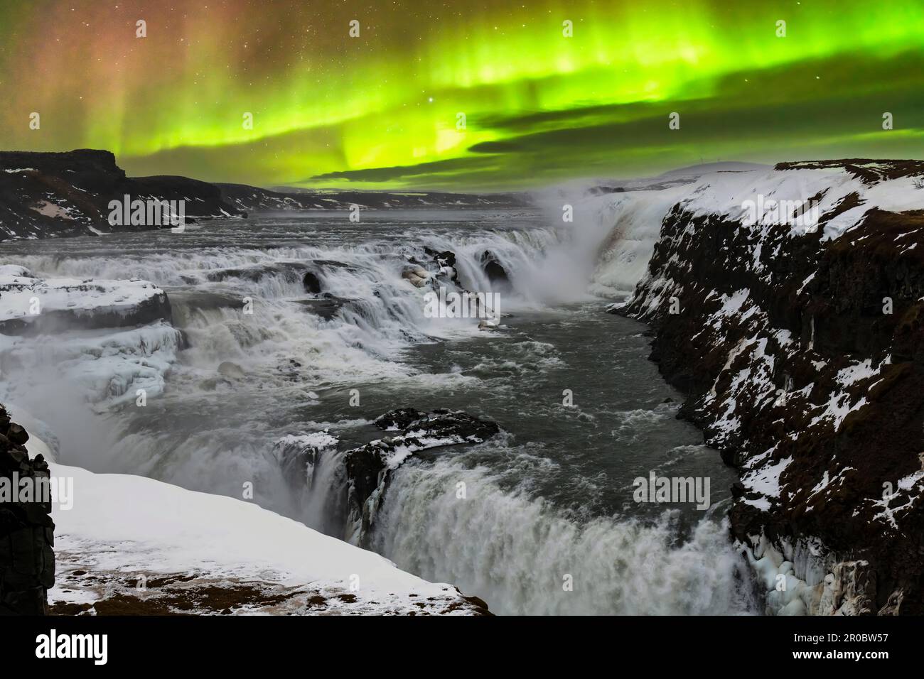 Panoramic view during Aurora Borealis or Northern Lights over the ...