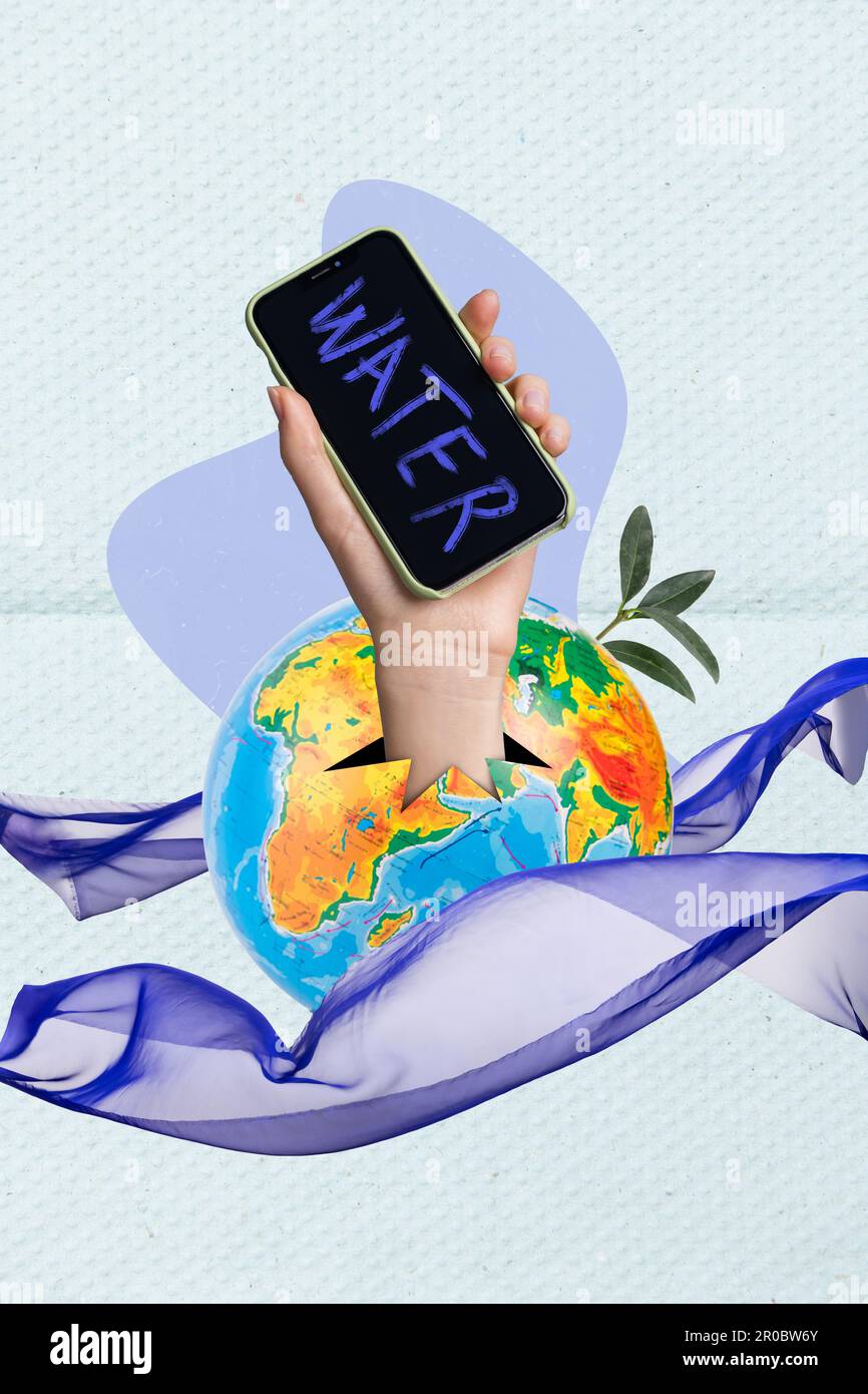 Vertical placard creative collage hand hold virtual digital phone ...