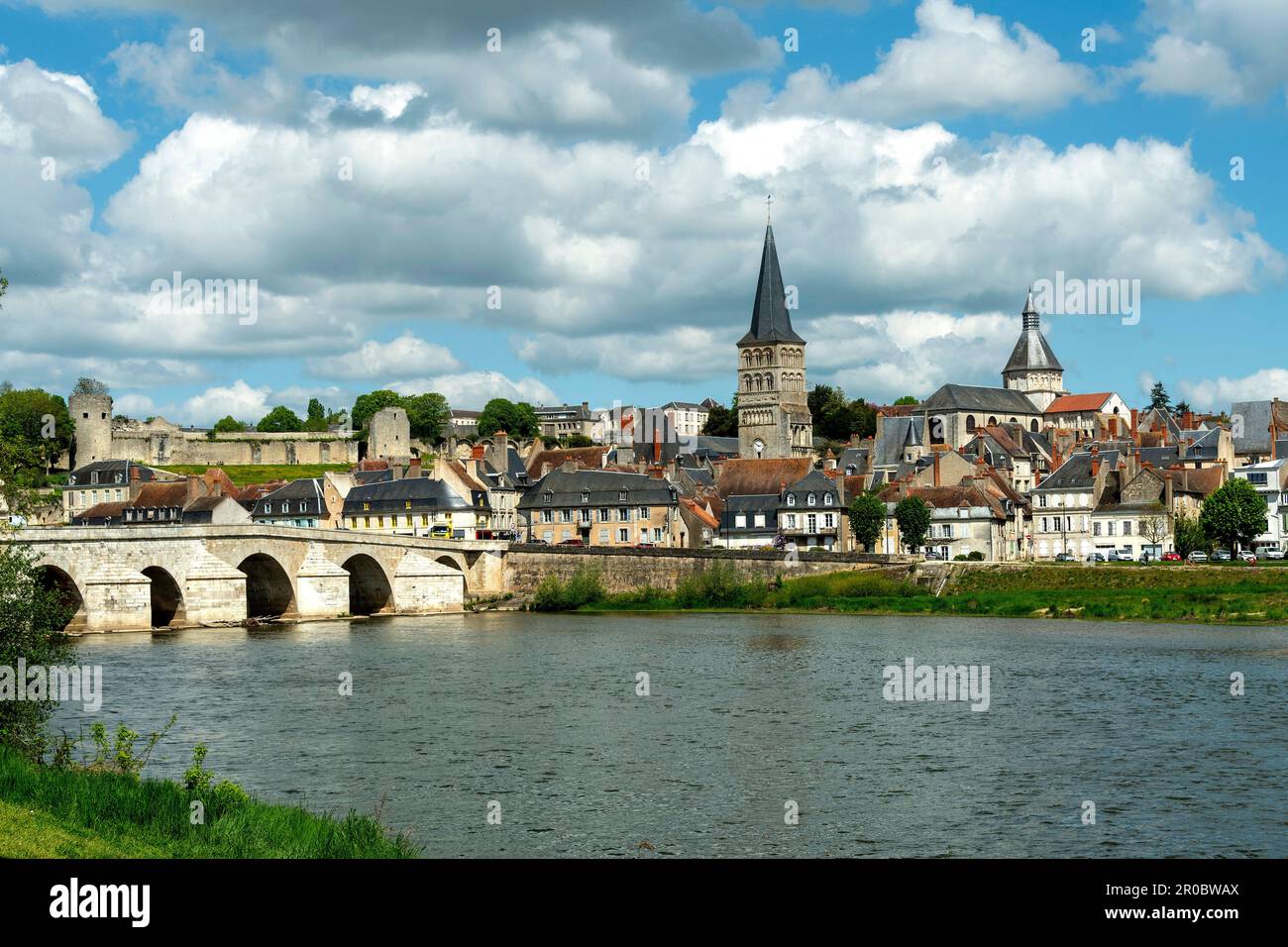 La Charite-sur-Loire, stone bridge over the Loire river, priory in the ...