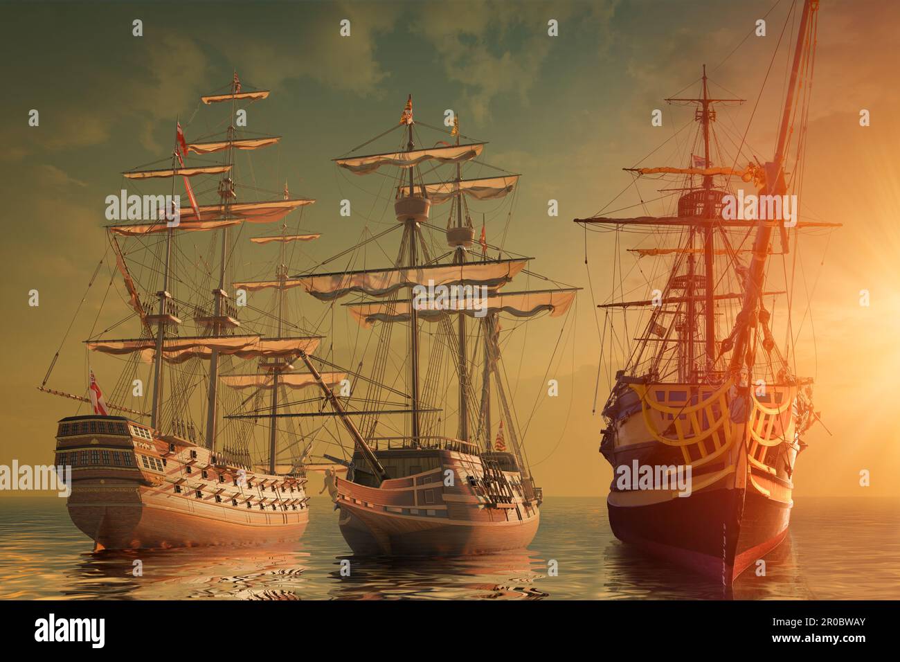 Three galleon ships rest on a calm sea, illuminated by a soft, warm ...