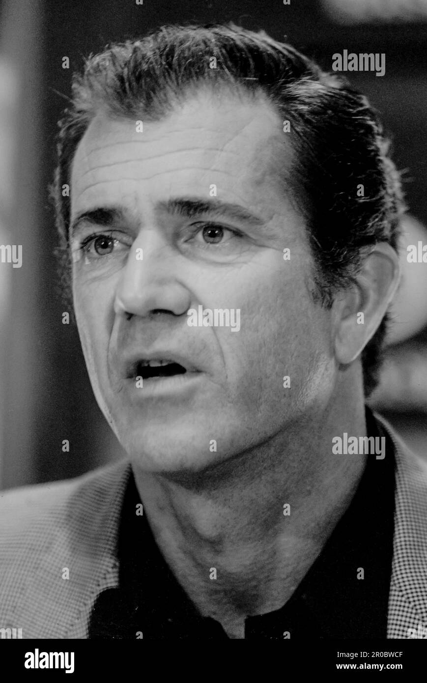 black and white portraits of Australian actor Mel Gibson at a Press ...