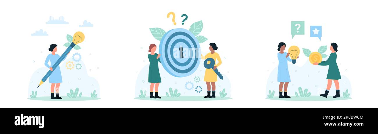 Creative idea set vector illustration. Cartoon tiny people create ...