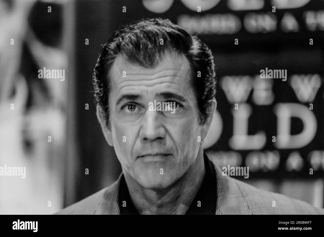 black and white portraits of Australian actor Mel Gibson at a Press ...