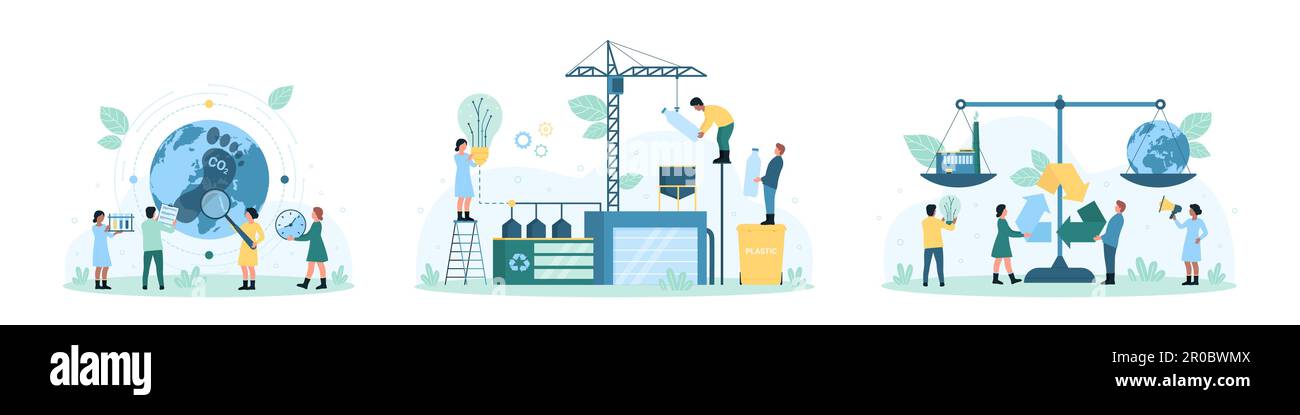 Eco balance set vector illustration. Cartoon tiny people research ...