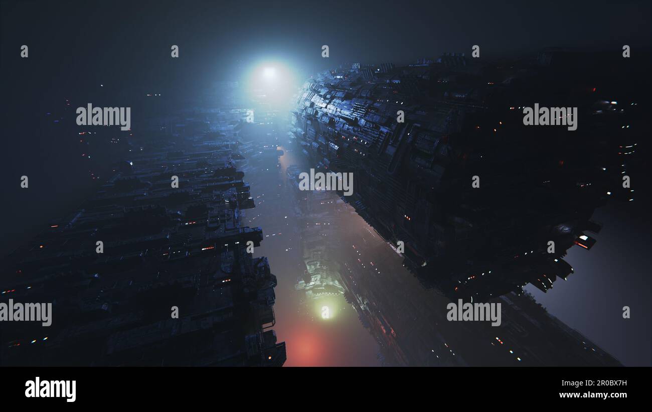 Cyberpunk city of future, smog. Buildings made of concrete and metal ...