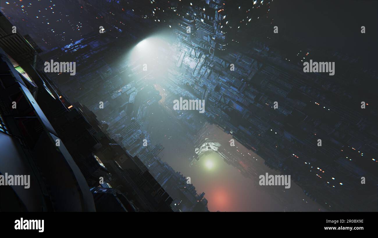 Cyberpunk city of future, smog. Buildings made of concrete and metal ...