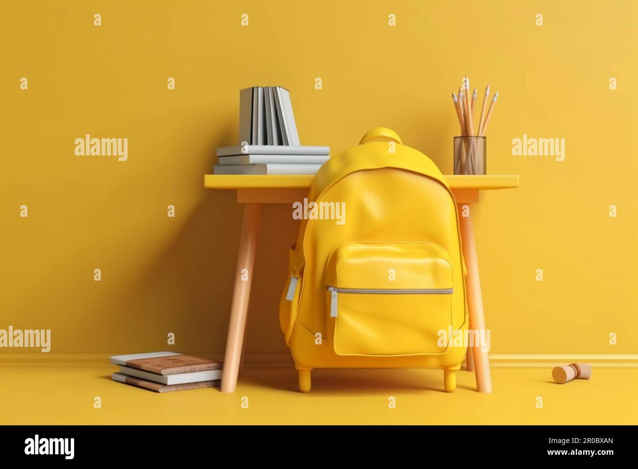 Yellow backpack on a yellow table next to a bookshelf and a stack of ...