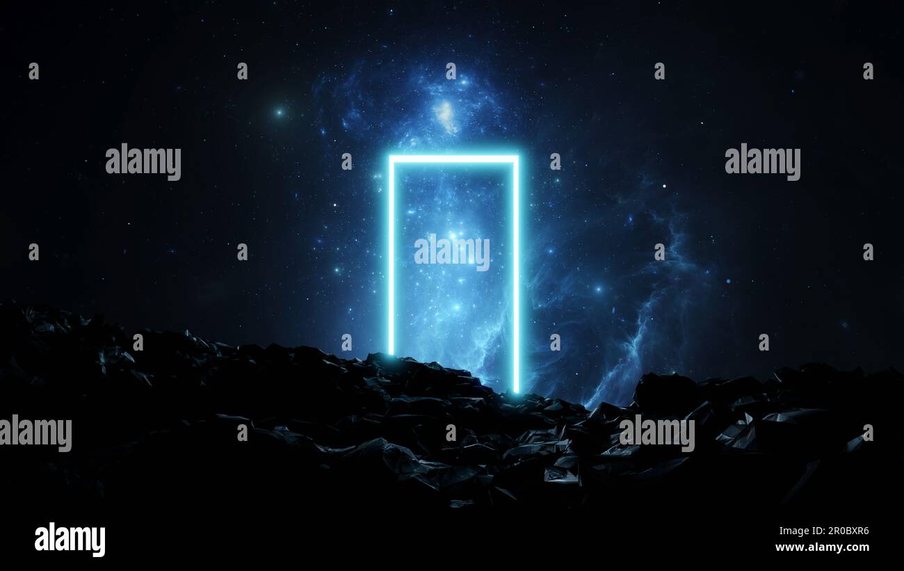 Cosmic glowing portal doorway among stones in space. Stars, planets ...