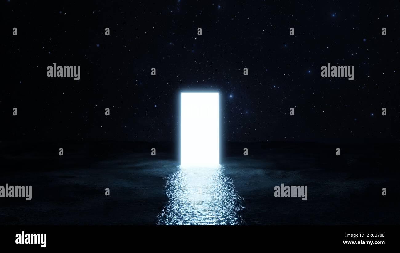 Light portal door is reflected in water. Door to other worlds and ...