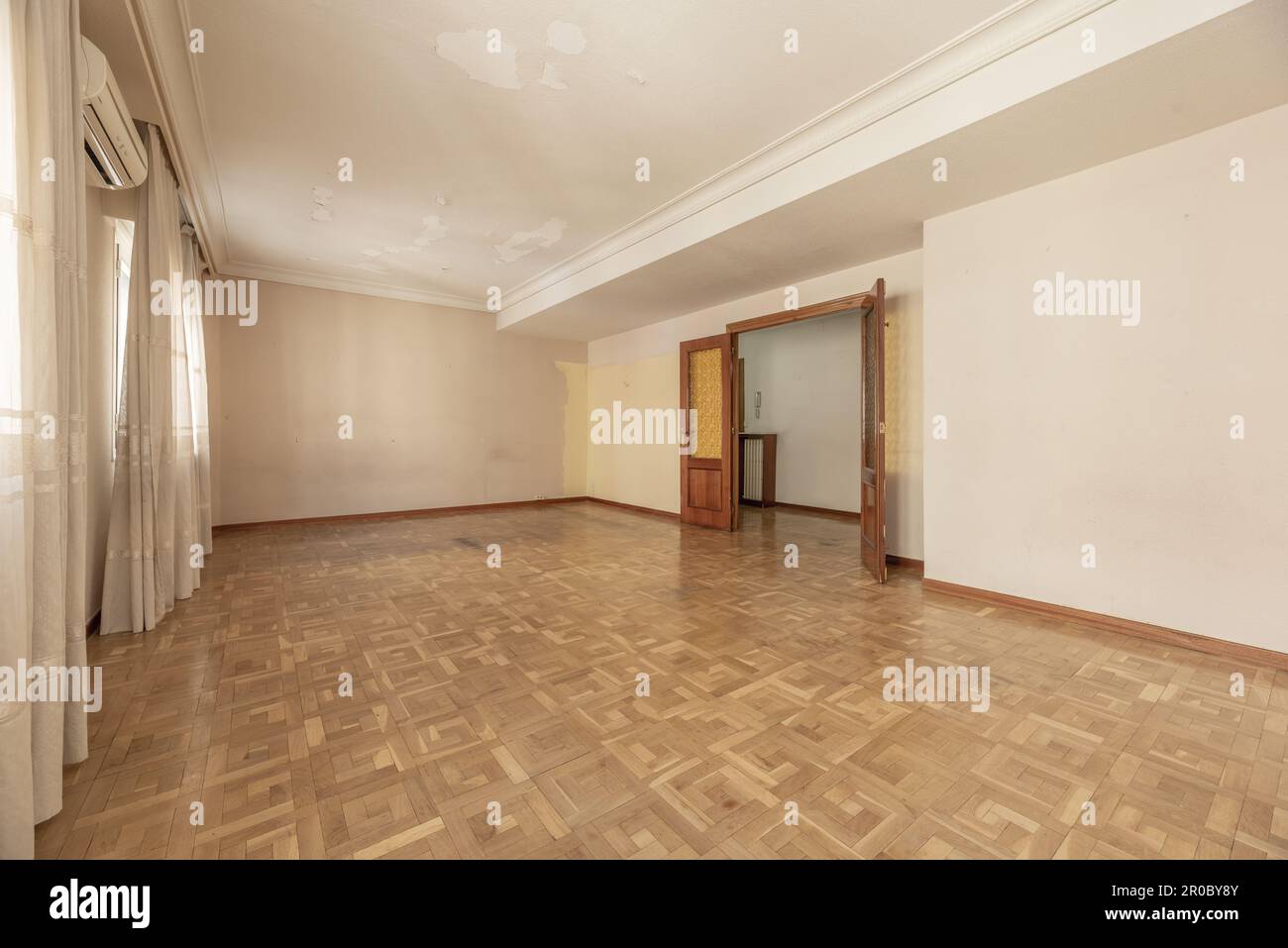 An empty living room with sapele wood double access door with gold ...