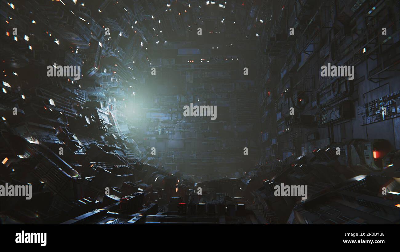 Cyberpunk city of future, smog. Buildings made of concrete and metal ...