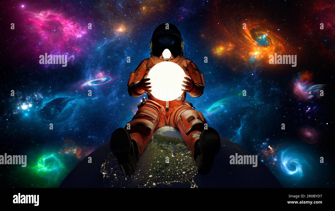Astronaut sits on planet earth and hold glow star planet in hands ...