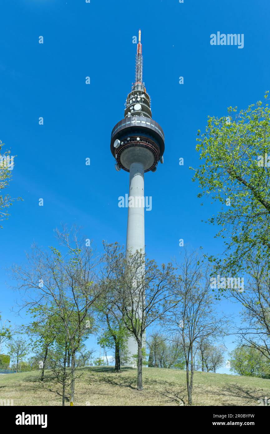 Telecommunications tower of the city of Madrid with surrounded woodland ...