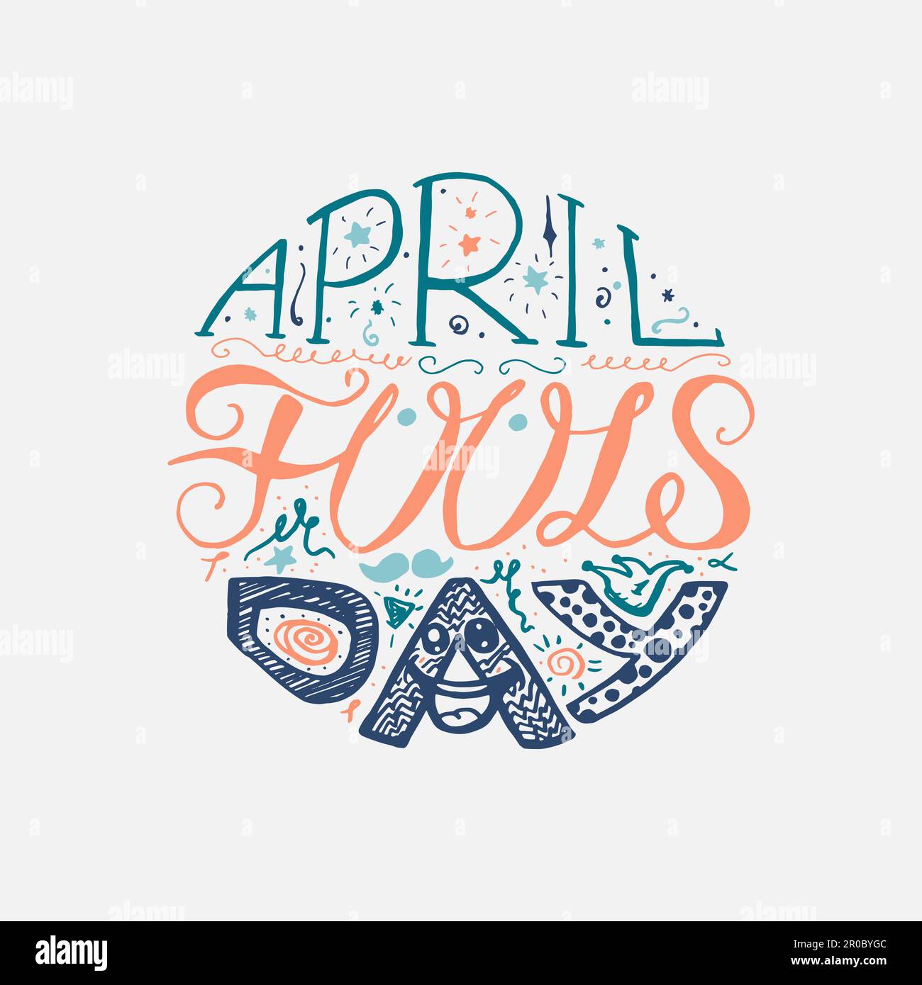 April Fools Day Hand Drawn Lettering with smile, jester hat and ...