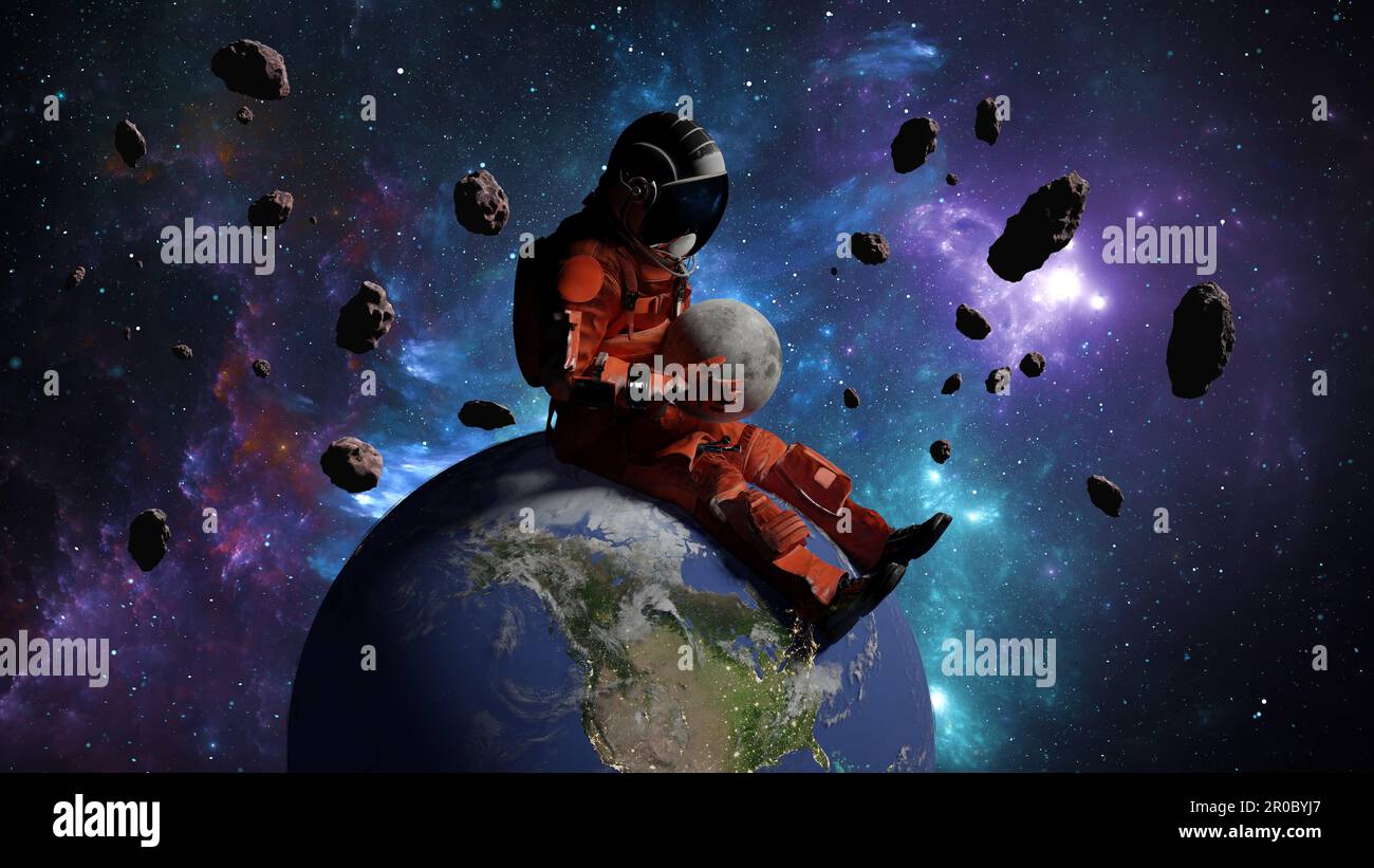 Astronaut sits on planet earth and hold moon in hands. Cosmonaut in ...