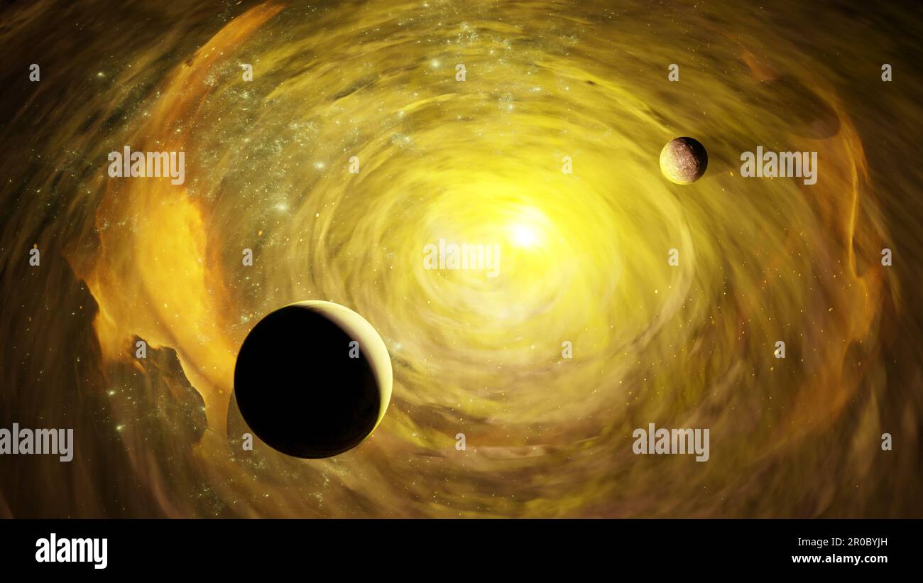 Center of the galaxy devouring two planets, the gravitational field of ...