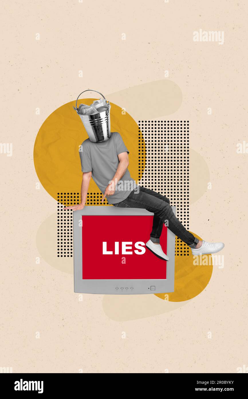 Creative 3d collage picture of head absurd trash bucket television ...