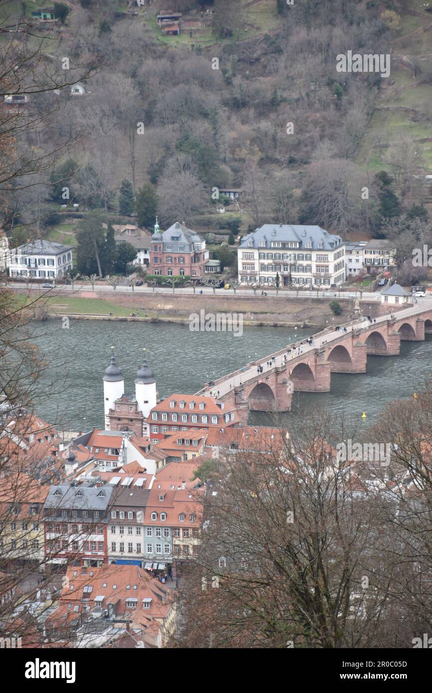 Aerial view towards the famous historical stone bridge crossing the ...
