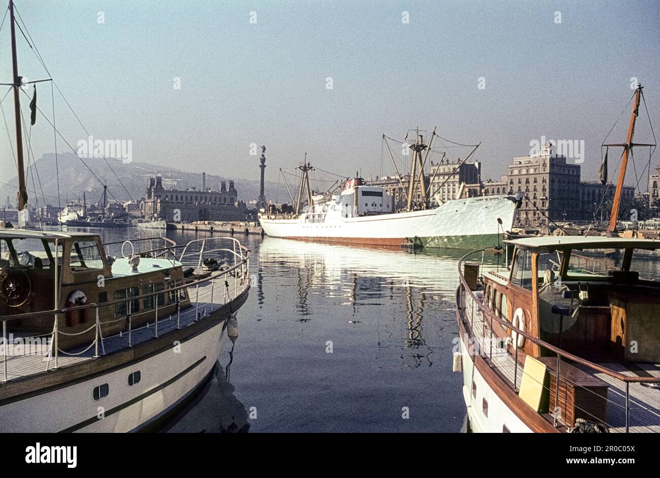 Marina Port Vell, the Old Harbor of Barcelona with yachts. In the back ...