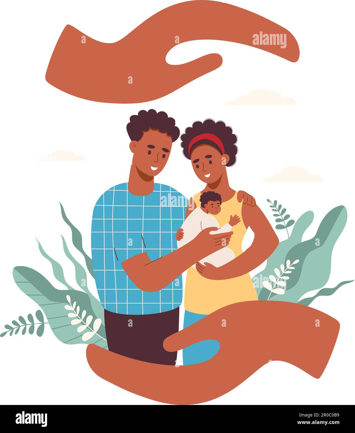 Happy dark-skinned family with newborn baby. Hands protect cute black ...