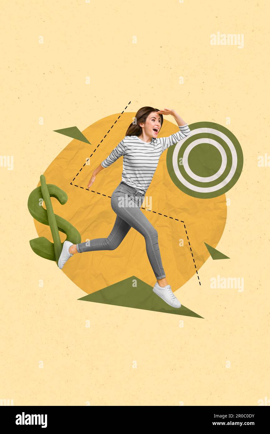 Creative retro 3d magazine collage image of excited funky lady running ...