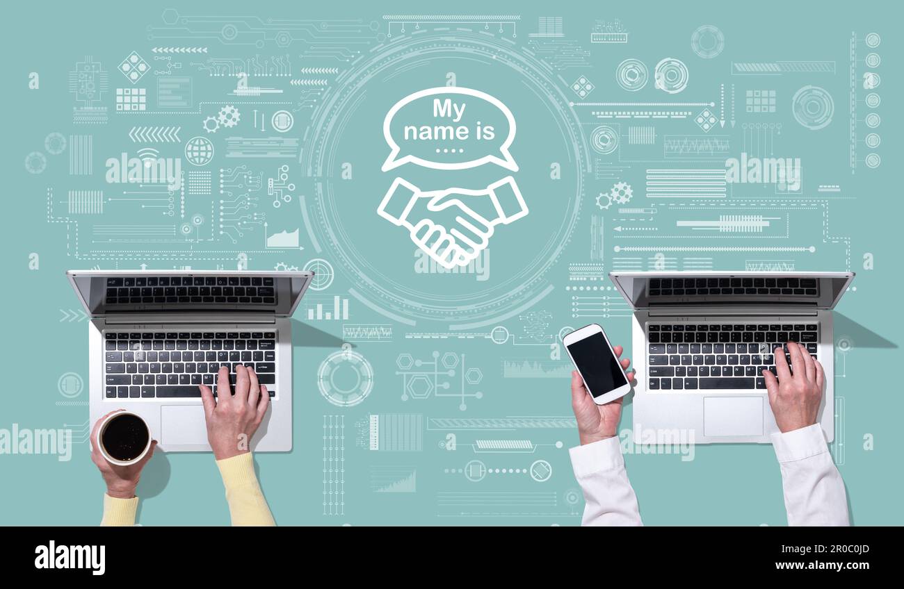 Top view of hands using laptop with symbol of introduction concept ...